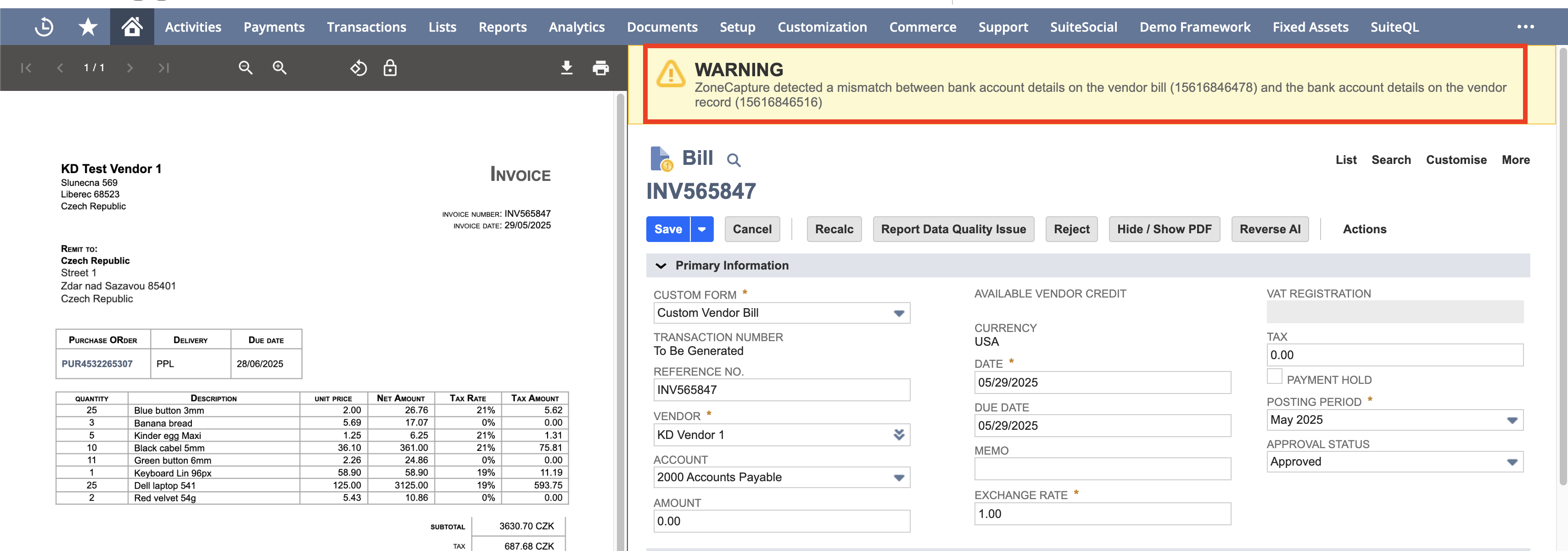 Control of Bank Details Mismatch – ZoneCapture Knowledge Base