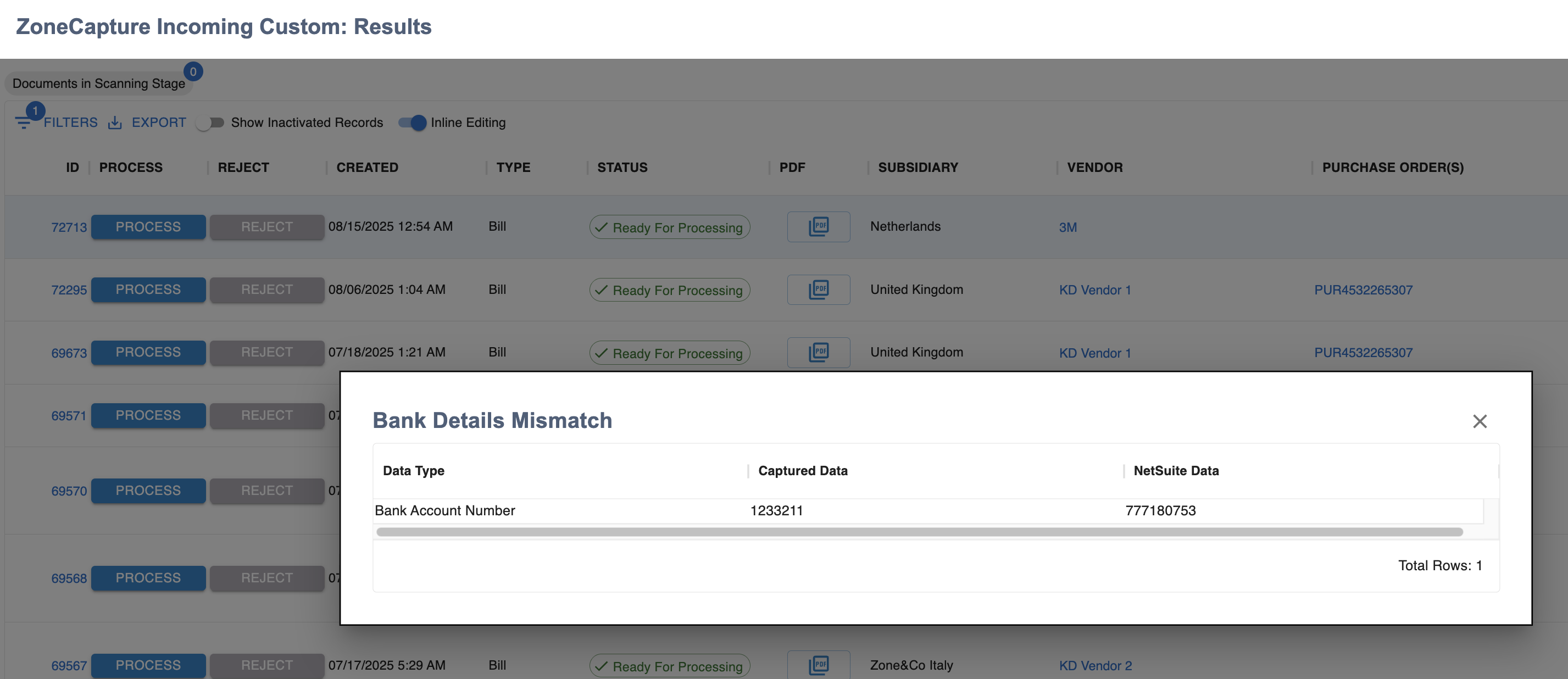Control of Bank Details Mismatch – ZoneCapture Knowledge Base